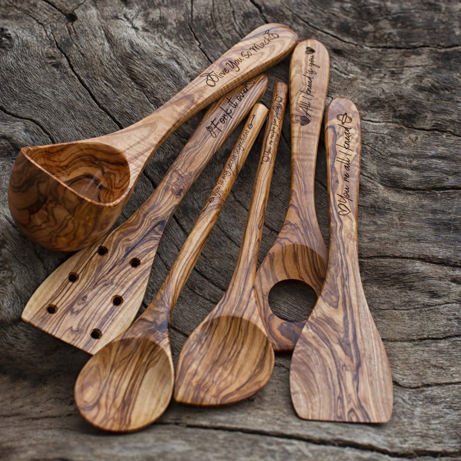 Personalized Olive Wood Utensils (Set of 6) - Forest Decor