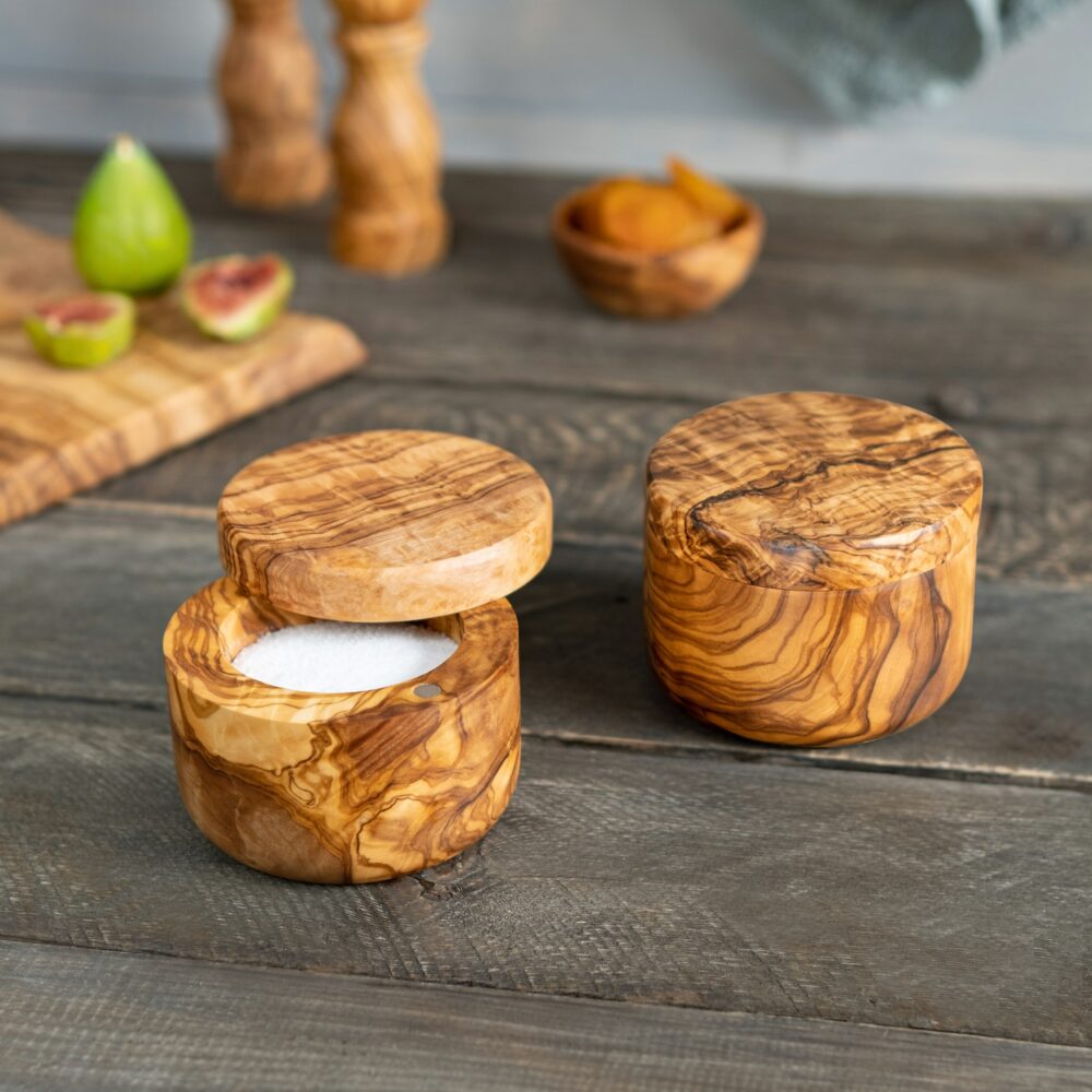 Olive Wood Round Salt Keeper with Magnetic Lid | 3x4 Inch Salt Cellar