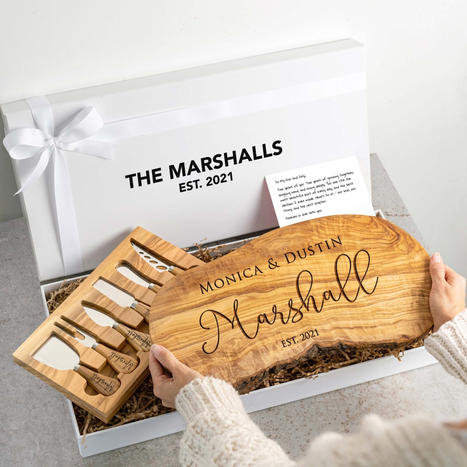 Personalized Wedding Gift Box with Large Olive Wood Board