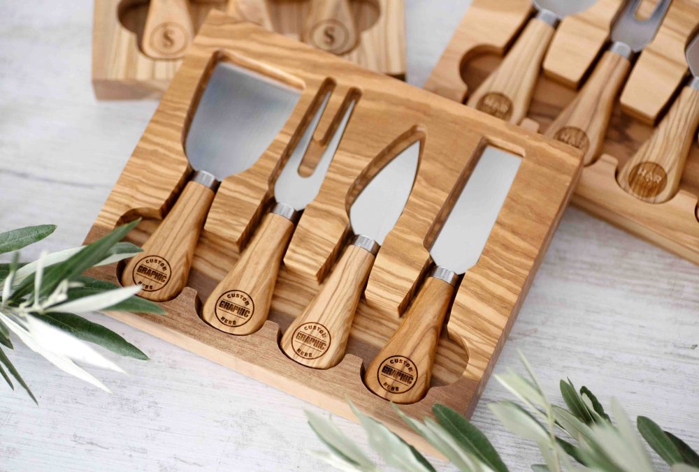 Custom Engraved Cheese Utensil Sets with Olive Wood Holder - Perfect ...