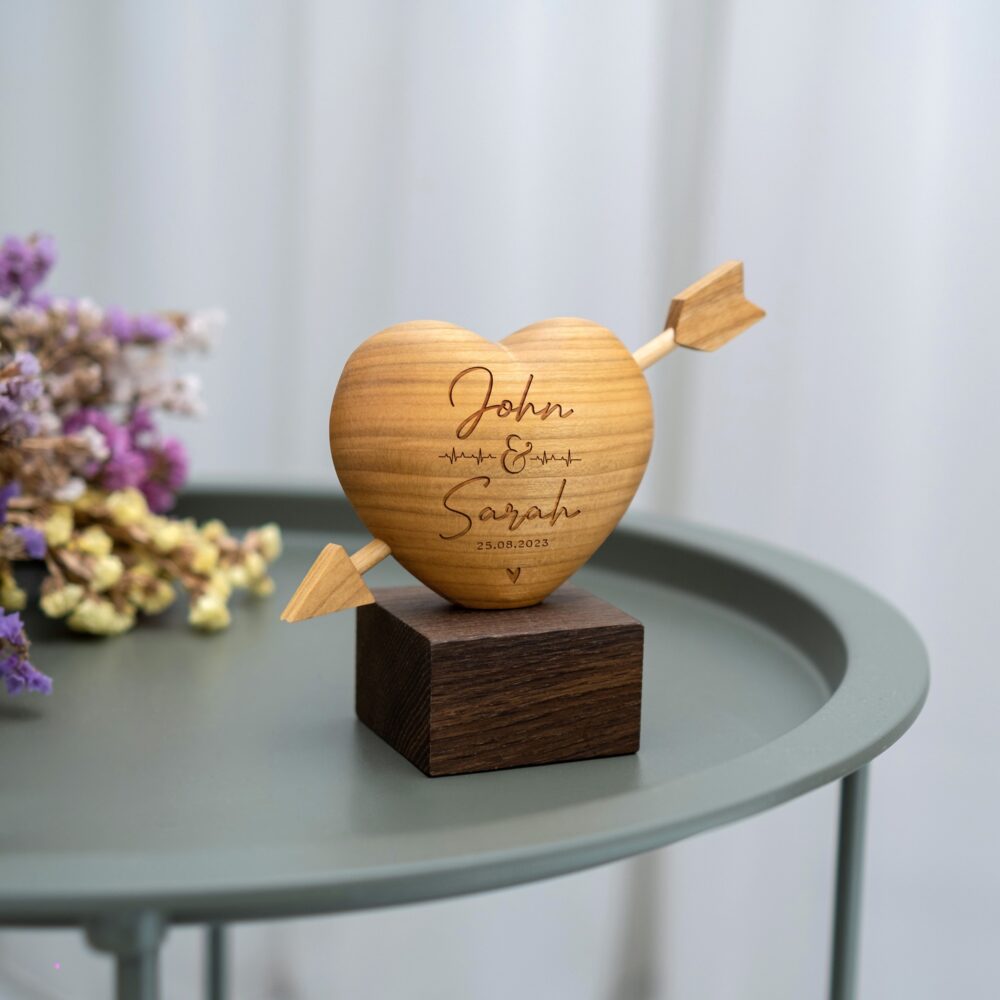 Personalized Wooden Heart Keepsake - Heartbeat Design with Names & Date
